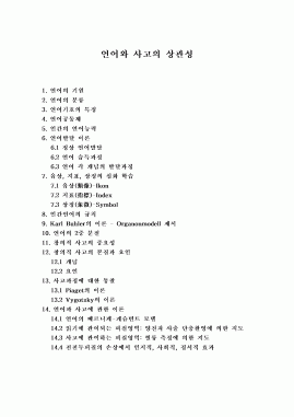 [언어][사고][언어와 사고의 상관성]언어와 사고의 상관성(언어 기원, 언어 분류, 언어기호 특징, 언어공동체, 언어발달 이론, 창의적사고 중요성, 창의적사고 본질과 요인, 언어와 사고에 관한 이론)-1페이지