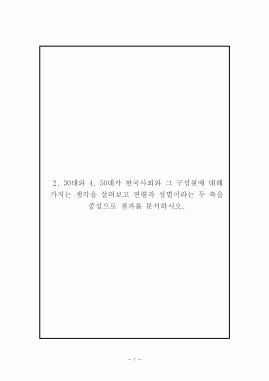 2, 30대와 4, 50대가 한국사회와 그 구성원에 대해 가지는 생각을 살펴보고 연령과 성별이라는 두 축을 중심으로 결과를 분석하시오-1페이지