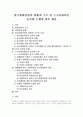 [한국영화산업][스크린쿼터제]한국영화산업의 현황과 구조 및 스크린쿼터제를 둘러싼 논쟁과 향후 대응(영화산업 구조, 마케팅과 흥행, 한국영화산업 현황과 구조적 특징, 스크린쿼터제도를 둘러싼 논의)-1페이지