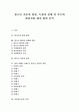 [가출]청소년의 성장 환경, 청소년범죄의 실태와 원인, 청소년가출의 정의, 상담 사례를 통해 본 청소년가출의 원인, 가출청소년의 특성, 청소년가출 실태, 자녀의 가출에 대한 부모의 바람직한 대처방안 분석-1페이지