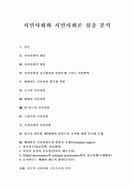 시민사회의 개념, 시민사회의 형성, 시민사회의 공론형성,권리투쟁,사회변혁, 로크의 시민사회, 헤겔의 시민사회, 칼 막스의 시민사회, 그람시의 시민사회, 한국의 시민사회, 지구적 시민사회 구축으로의 기여-1페이지