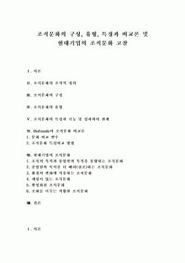 [조직문화][현대기업의 조직문화]조직문화의 구성, 유형, 특징과 비교론 및 현대기업의 조직문화 고찰(조직문화의 구성, 조직문화의 유형, 조직문화의 특성과 기능 및 성과와의 관계, 현대기업의 조직문화)-1페이지