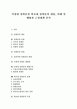 성희롱의 개념, 성희롱의 유형, 성희롱의 성립, 성폭력과 성희롱의 관계, 직장내 성희롱 쟁점화, 직장내 성희롱의 형태구분, 학교내 성희롱의 유형, 학교내 성희롱의 특성, 성희롱 사례, 성희롱 예방 및 근절대책-1페이지