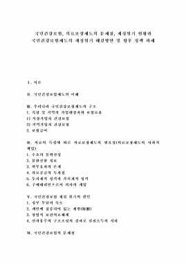 국민건강보험제도의 이해, 국민건강보험제도의 구조, 의료의 특성에 따른 의료보장제도의 필요성, 국민건강보험재정위기의 원인, 국민건강보험의 문제점, 건강보험재정위기 해결방안, 평가와 주요 현안과제 분석-1페이지