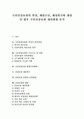 국민건강보험의 역사적 발전과정, 국민건강보험의 주요기능 및 역할, 국민건강보험 재원조달체계, 건강보험 재정위기, 건강보험 통합과 보험재정, 건강보험의 쟁점, 건강보험 급여체계의 문제점과 개선방향 분석-1페이지