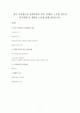 한국 복지제도의 전개과정과 성격, 김대중, 노무현 정부의 복지정책 및 재벌과 노동에 관해 알아보시오.-1페이지