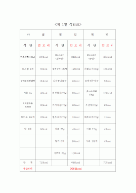 2일치 남성(2100kcal)의 식단표 작성-1페이지