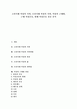 [여성]고려시대 여성의 지위, 고려시대 여성의 지위변화, 조선시대 여성의 현실, 조선시대 여성의 삶, 조선시대 여성의 내외법, 여성의 근대화 과정, 근대 여성교육, 근대 여성운동, 현대 여성운동 분석-1페이지