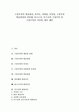 구성주의의 개념,유형, 구성주의의 학습원리, 구성주의의 인식론, 구성주의의 다양성과 동일성, 구성주의의 학습관점, 피아제의 발달이론, 비고츠키의 발달이론, 부르너의 발달이론, 구성주의의 시사점, 제언-1페이지