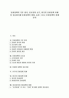 [문화정책][문화예술][문화산업][호주][한국][정보화사회]문화정책의 기본 원칙, 문화정책의 중요성, 호주의 문화정책 사례, 한국의 문화정책 사례, 정보화시대 문화정책의 방향, 문화정책의 효과, 문화정책의 한계-1페이지