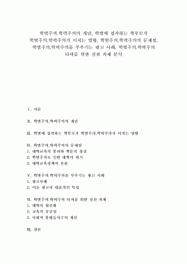 학벌주의.학력주의의 개념, 학벌에 집착하는 학부모가 학벌주의.학력주의가 미치는 영향, 학벌주의.학력주의의 문제점, 학벌주의.학력주의를 부추기는 광고 사례, 학벌주의.학력주의 타파를 위한 실천 과제 분석-1페이지