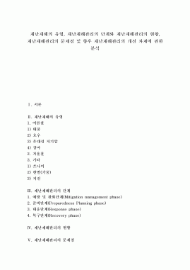 [재난재해][재난재해관리][재난재해관리 문제점][재난재해관리 개선과제]재난재해의 유형, 재난재해관리의 단계와 재난재해관리의 현황, 재난재해관리의 문제점 및 향후 재난재해관리의 개선 과제에 관한 분석-1페이지