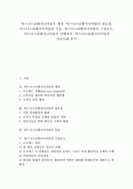 [비즈니스리엔지니어링]비즈니스리엔지니어링의 개념, 비즈니스리엔지니어링의 필요성, 비즈니스리엔지니어링의 목표, 비즈니스리엔지니어링의 구성요소, 비즈니스리엔지니어링의 실행절차, 비즈니스리엔지니어링의 성공사례-1페이지