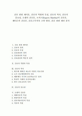 [간호][간호론]간호 관련 제이론, 간호의 역할과 특성, 간호의 역사, 간호의 중요성, 오렘의 간호론, 로저스(Rogers Martha)의 간호론, 핸더슨의 간호론, 간호근무의욕 고취 방안, 간호 관련 제언 분석(간호, 간호론)-1페이지