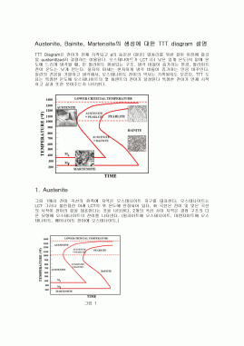 Austenite, Bainite, Martensite의 생성에 대한 TTT diagram 설명-1페이지