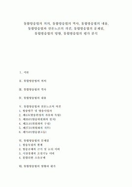 [통합방송법][방송법][언론노조]통합방송법의 의의, 통합방송법의 역사, 통합방송법의 내용, 통합방송법과 언론노조의 의견, 통합방송법의 문제점, 통합방송법의 방향, 통합방송법의 평가 분석(통합방송법)-1페이지