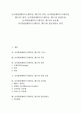 [헬스]보디빌딩(웨이트트레이닝, 헬스)의 의의, 보디빌딩(웨이트트레이닝, 헬스)의 원칙, 보디빌딩(웨이트트레이닝, 헬스)의 훈련요점, 보디빌딩(웨이트트레이닝, 헬스)과 보충제, 보디빌딩(헬스)과 필요영양소 분석-1페이지