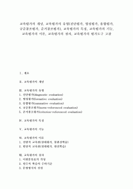 [교육평가]교육평가의 개념, 교육평가의 유형(진단평가, 형성평가, 총합평가, 규준참조평가, 준거참조평가), 교육평가의 특징, 교육평가의 기능, 교육평가의 이론, 교육평가의 절차, 교육평가의 평가도구 고찰-1페이지