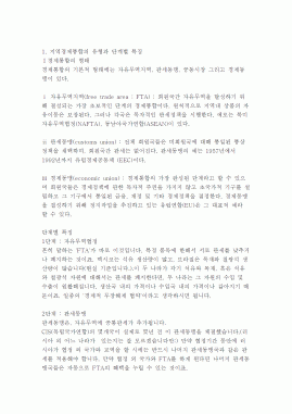 지역경제통합의 단계별 특징을 요약하고 경제통합으로 인하여 관세가 철폐되었을 경우의 경제적 효과와 경제통합이 세계경제에 바람직한지에 대해  설명-1페이지