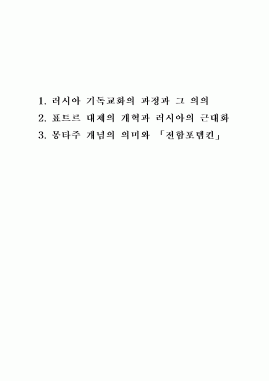 1. 러시아 기독교화의 과정과 그 의의 2. 표트르 대제의 개혁과 러시아의 근대화 3. 몽타주 개념의 의미와 「전함포템킨」-1페이지