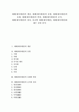 제례(제사예절)의 개념, 제례(제사예절)의 유형, 제례(제사예절)의 유래, 제례(제사예절)의 변천, 제례(제사예절)의 순서, 제례(제사예절)의 절차, 종교별 제례(제사예절), 제례(제사예절)와 제수 진설 분석-1페이지