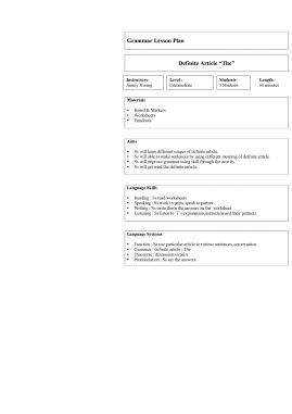 [영어지도안] Grammar Lesson Plan - Definite Article “The” 정관사 the -1페이지