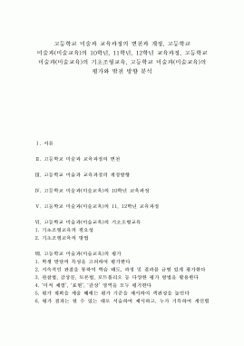 [미술과]고등학교 미술과 교육과정의 변천과 개정, 고등학교 미술과(미술교육)의 10학년, 11학년, 12학년 교육과정, 고등학교 미술과(미술교육)의 기초조형교육, 고등학교 미술과(미술교육)의 평가와 발전 방향 분석-1페이지