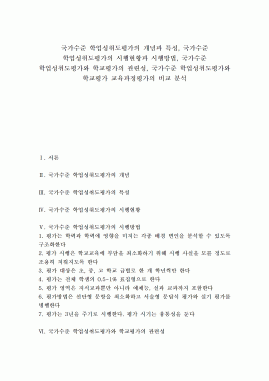 국가수준 학업성취도평가의 개념과 특성, 국가수준 학업성취도평가의 시행현황과 시행방법, 국가수준 학업성취도평가와 학교평가의 관련성, 국가수준 학업성취도평가와 학교평가 교육과정평가의 비교 분석-1페이지