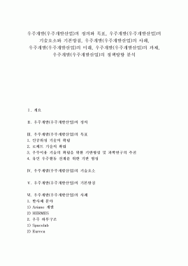 우주개발(우주개발산업) 정의와 목표, 우주개발(우주개발산업) 기술요소와 기본방침, 우주개발(우주개발산업) 사례, 우주개발(우주개발산업) 미래, 우주개발(우주개발산업) 과제, 우주개발(우주개발산업) 정책방향-1페이지