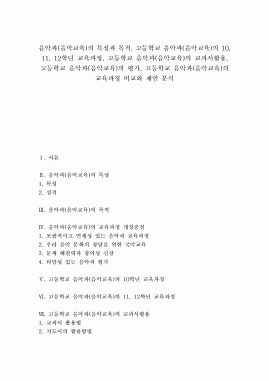 음악과(음악교육) 특성과 목적, 고등학교 음악과(음악교육) 10, 11, 12학년 교육과정, 고등학교 음악과(음악교육) 교과서활용, 고등학교 음악과(음악교육) 평가, 고등학교 음악과(음악교육) 교육과정 비교와 제언-1페이지