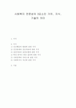 사회복지 전문성의 3요소인 가치, 지식, 기술의 의미-1페이지