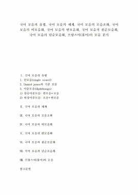 [모음][국어 모음]국어 모음의 유형, 국어 모음의 체계, 국어 모음의 모음조화, 국어 모음의 비모음화, 국어 모음의 반모음화, 국어 모음의 원순모음화, 국어 모음의 단순모음화, 프랑스어(불어)의 모음 분석-1페이지