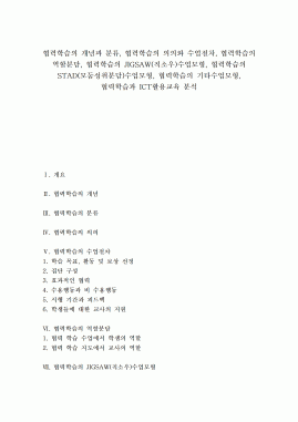 협력학습의 개념과 분류, 협력학습의 의의와 수업절차, 협력학습의 역할분담, 협력학습의 JIGSAW(직소우)수업모형, 협력학습의 STAD(모둠성취분담)수업모형, 협력학습의 기타수업모형, 협력학습과 ICT활용교육 분석-1페이지