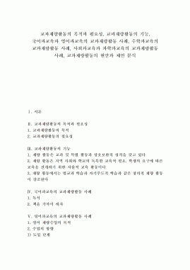 교과재량활동의 목적과 필요성, 교과재량활동의 기능, 국어과교육과 영어과교육의 교과재량활동 사례, 수학과교육의 교과재량활동 사례, 사회과교육과 과학과교육의 교과재량활동 사례, 교과재량활동의 현안과 제언-1페이지