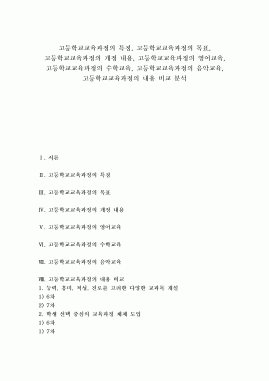 고등학교교육과정의 특징, 고등학교교육과정의 목표, 고등학교교육과정의 개정 내용, 고등학교교육과정의 영어교육, 고등학교교육과정의 수학교육, 고등학교교육과정의 음악교육, 고등학교교육과정의 내용 비교 분석-1페이지