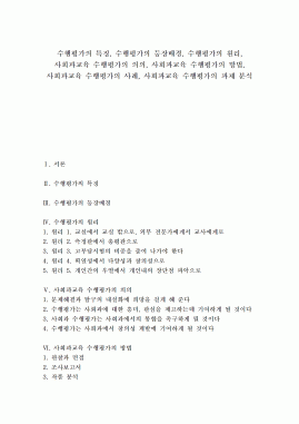 [수행평가][사회과교육 수행평가]수행평가의 특징, 수행평가의 등장배경, 수행평가의 원리, 사회과교육 수행평가의 의의, 사회과교육 수행평가의 방법, 사회과교육 수행평가의 사례, 사회과교육 수행평가의 과제-1페이지