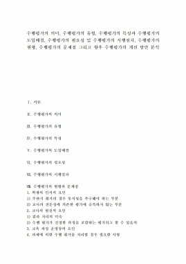 [수행평가]수행평가의 의미, 수행평가의 유형, 수행평가의 특성과 수행평가의 도입배경, 수행평가의 필요성 및 수행평가의 시행절차, 수행평가의 현황, 수행평가의 문제점 그리고 향후 수행평가의 개선 방안 분석-1페이지