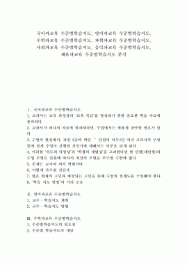 국어과교육 수준별학습지도, 영어과교육 수준별학습지도, 수학과교육 수준별학습지도, 과학과교육 수준별학습지도, 사회과교육 수준별학습지도, 음악과교육 수준별학습지도, 체육과교육 수준별학습지도 분석-1페이지