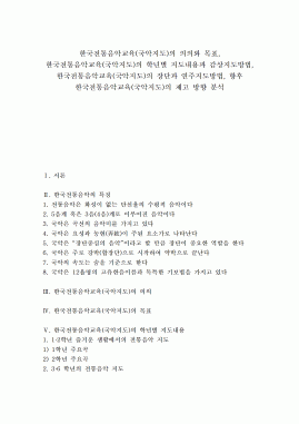 한국전통음악교육(국악지도)의 의의와 목표, 한국전통음악교육(국악지도)의 학년별 지도내용과 감상지도방법, 한국전통음악교육(국악지도)의 장단과 연주지도방법, 향후 한국전통음악교육(국악지도)의 제고 방향-1페이지