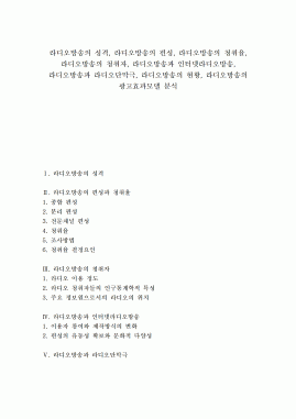 라디오방송의 성격, 라디오방송의 편성, 라디오방송의 청취율, 라디오방송의 청취자, 라디오방송과 인터넷라디오방송, 라디오방송과 라디오단막극, 라디오방송의 현황, 라디오방송의 광고효과모델 분석-1페이지