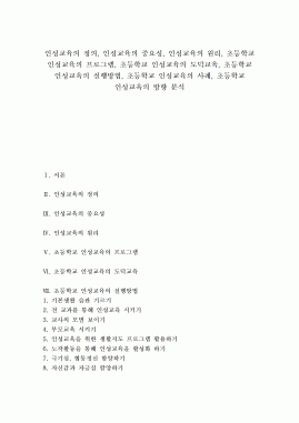 인성교육의 정의, 인성교육의 중요성, 인성교육의 원리, 초등학교 인성교육의 프로그램, 초등학교 인성교육의 도덕교육, 초등학교 인성교육의 실행방법, 초등학교 인성교육의 사례, 초등학교 인성교육의 방향 분석-1페이지