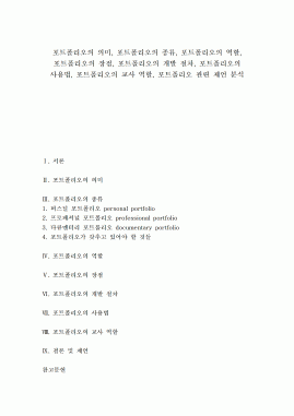 [포트폴리오]포트폴리오의 의미, 포트폴리오의 종류, 포트폴리오의 역할, 포트폴리오의 장점, 포트폴리오의 개발 절차, 포트폴리오의 사용법, 포트폴리오의 교사 역할, 포트폴리오 관련 제언 분석(포트폴리오)-1페이지