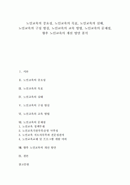 [노인교육][노인문제][노인학습][노인교육방법][고령화사회]노인교육의 중요성, 노인교육의 목표, 노인교육의 실태, 노인교육의 구성 방침, 노인교육의 교육 방법, 노인교육의 문제점, 향후 노인교육의 개선 방안-1페이지