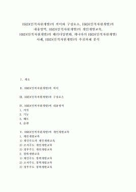 HRD(인적자원개발)의 의미와 구성요소, HRD(인적자원개발)의 내용영역, HRD(인적자원개발)의 개인개발교육, HRD(인적자원개발)의 패러다임변화, 캐나다의 HRD(인적자원개발) 사례, HRD(인적자원개발)의 추진과제-1페이지