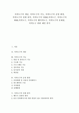 저작도구의 개념, 저작도구의 기능, 저작도구의 운영 환경, 저작도구의 설계 원칙, 저작도구의 VRML저작도구, 저작도구의 WML저작도구, 저작도구의 웹저작도구, 저작도구의 문제점, 저작도구 관련 제언 분석-1페이지