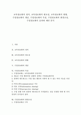 [교육정보화][수업정보화][정보사회][정보통신기술]교육정보화의 정의, 교육정보화의 필요성, 교육정보화의 현황, 수업정보화의 개념, 수업정보화의 특징, 수업정보화의 환경조성, 수업정보화의 효과와 제언 분석-1페이지