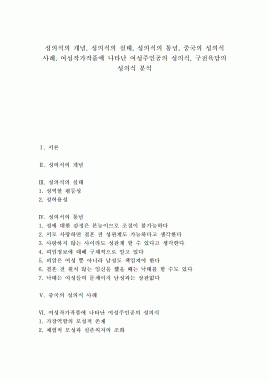 [성의식][중국의 성의식][여성작가작품에 나타난 여성주인공][구전육담]성의식의 개념, 성의식의 실태, 성의식의 통념, 중국의 성의식 사례, 여성작가작품에 나타난 여성주인공의 성의식, 구전육담의 성의식 분석-1페이지