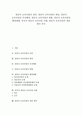 영유아 보육사업의 정의, 영유아 보육사업의 발달, 영유아 보육사업의 추진배경, 영유아 보육사업의 현황, 영유아 보육사업의 행정체계, 외국의 영유아 보육사업 사례, 영유아 보육사업의 개선 방안 분석-1페이지