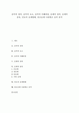 [음악][음악 이해][음계][민요의 음계형태][단조음계 나란한조 음악]음악의 정의, 음악의 요소, 음악의 이해과정, 음계의 정의, 음계의 종류, 민요의 음계형태, 단조음계 나란한조 음악 분석(음악, 음계)-1페이지