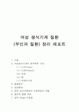 여성 생식기계 질환 레포트 (자궁경부암, 유방암, 난소암, 염증질환 등등)-1페이지